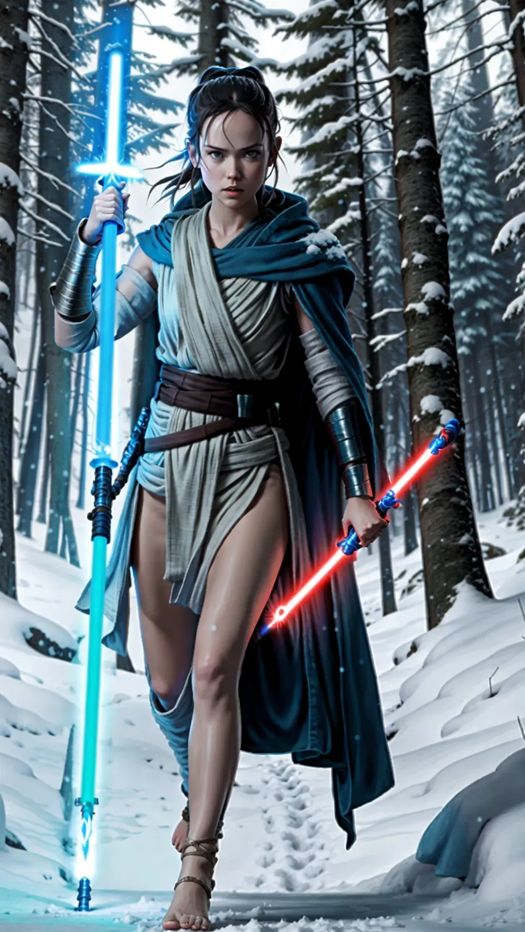 Dopamine Girl - barefoot Rey Skywalker wearing her normal attire while holding a blue lightsaber ...