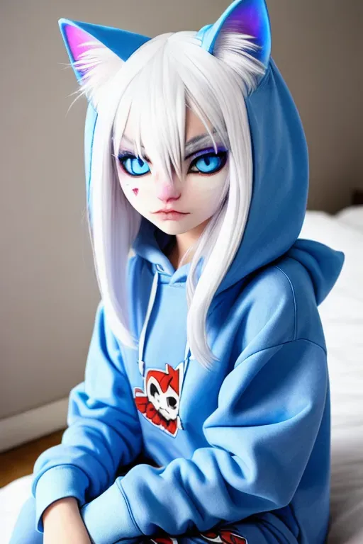 Dopamine Girl Half Demon Half Cat Girl With White Hair Wearing A Hoodie That Is Super Big And