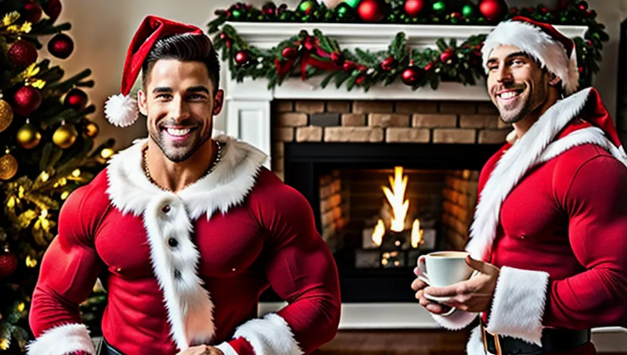 super fit athletic guy with big biceps in a santa outfit sta... - AI ...