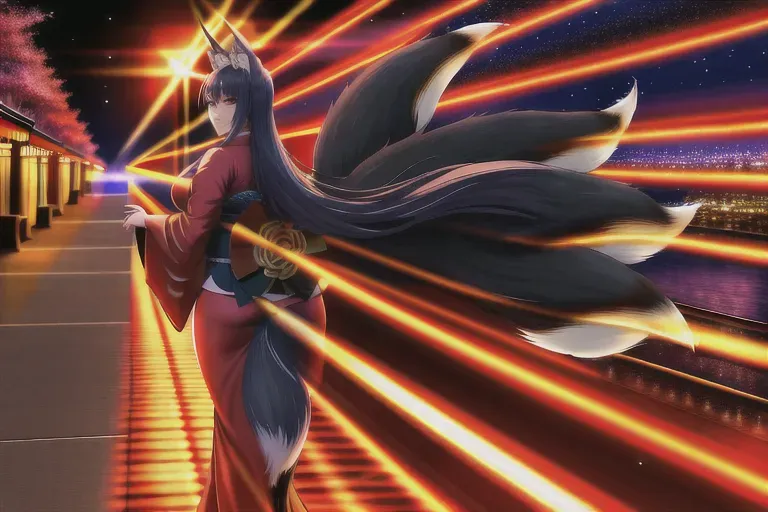 Dopamine Girl - wide shot, 65 year old, a nine-tail fox, thicc, kimono, red, night club, daytime ...