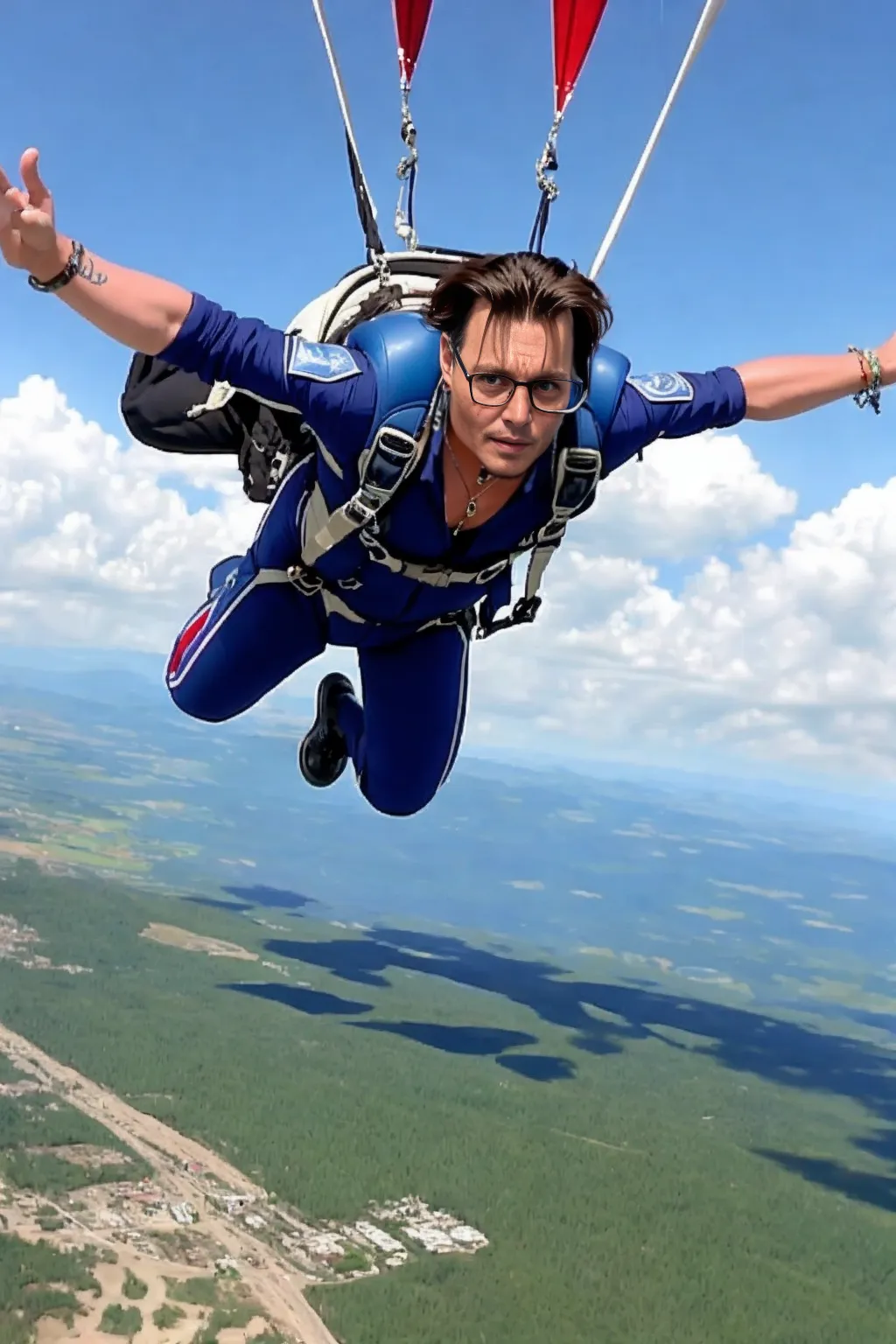Dopamine Girl - Johnny Depp, dressed as a skydiver, jumping from an ...