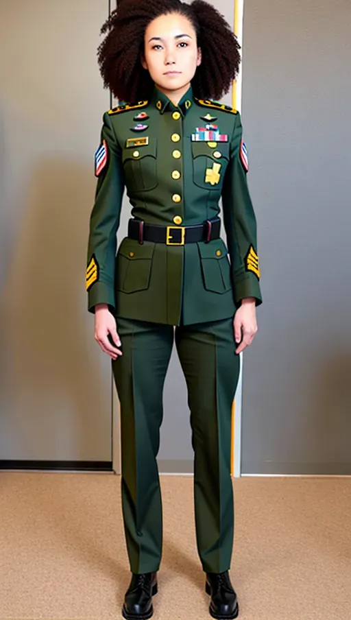 Dopamine Girl - Woman standing wearing dark gray military uniform ...