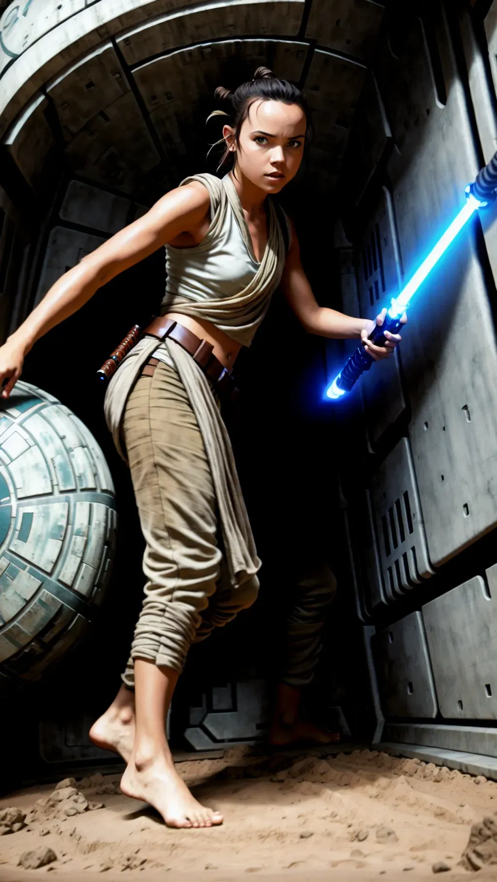barefoot Rey holding a single lightsaber while inside the tr... - AI ...
