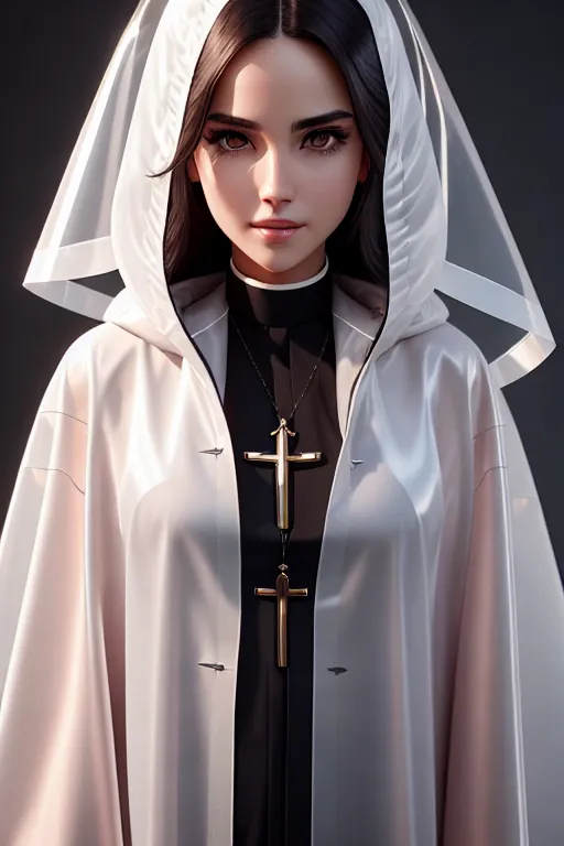 a photo shot of,a priest,wearing transparent raincoat,arched... - AI ...