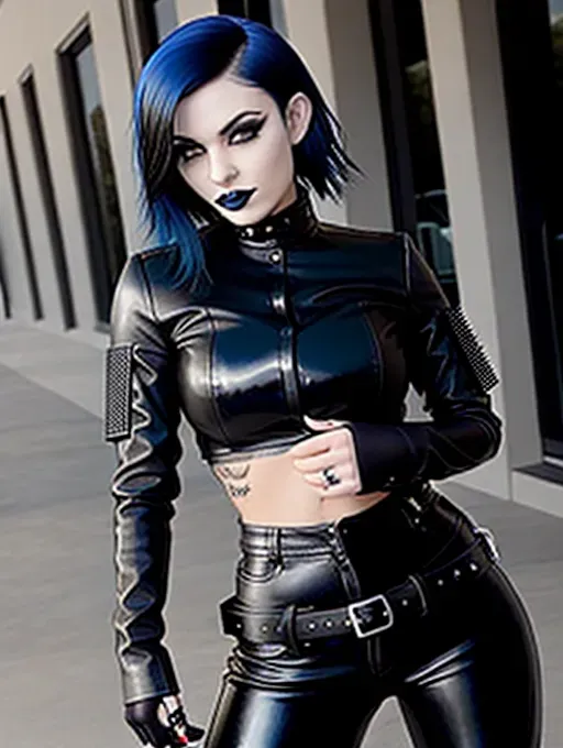 Dopamine Girl - a blue black haired goth punk woman, tough, tattooed ...