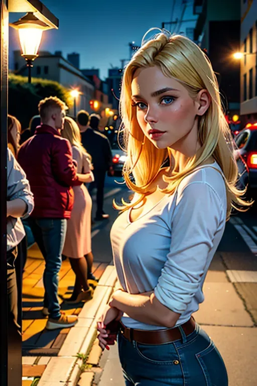 Very pretty blonde-haired woman standing outside on a city s... - AI ...