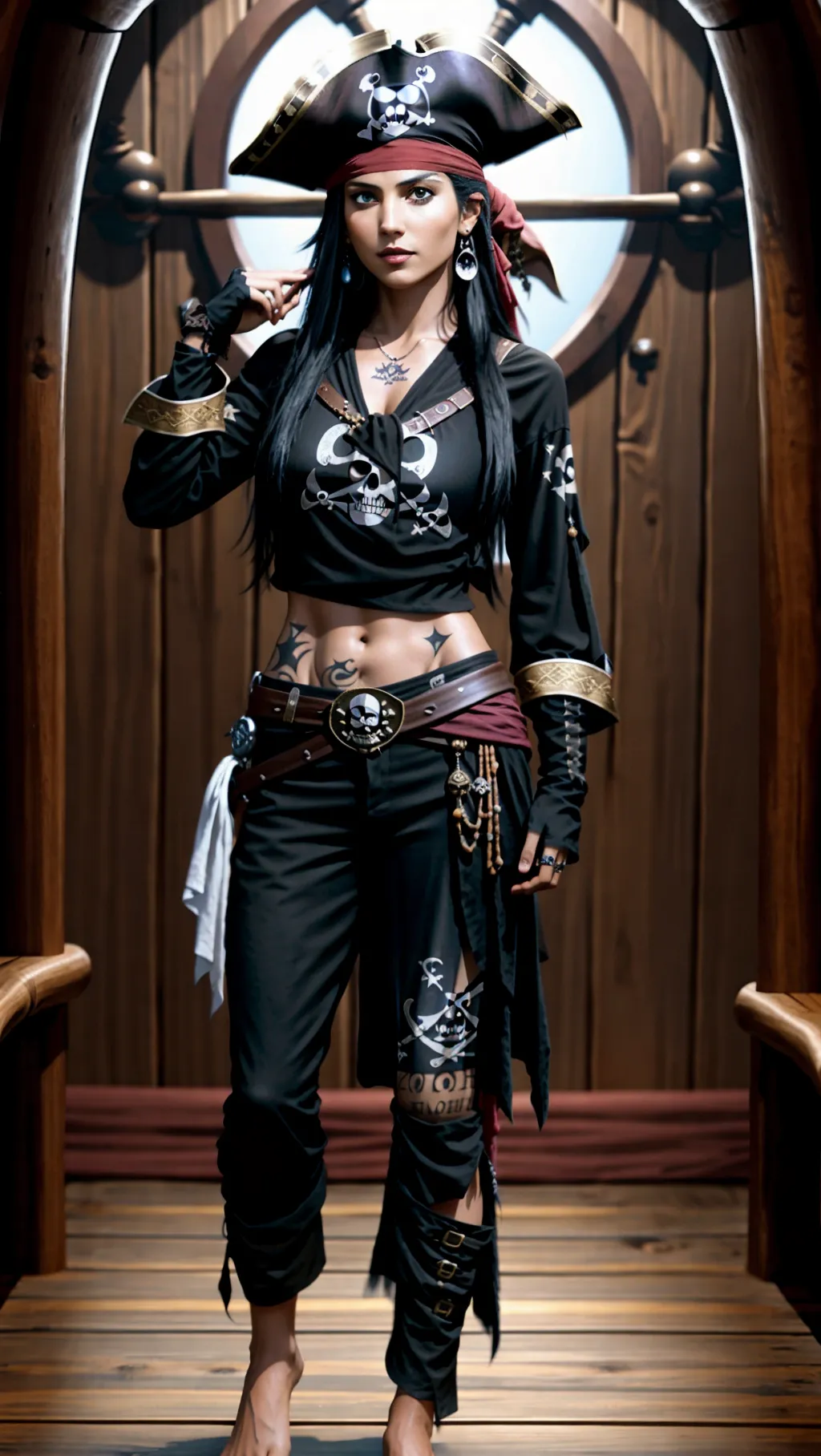 full-body image of a hot tan athletic barefoot female pirate... - AI ...