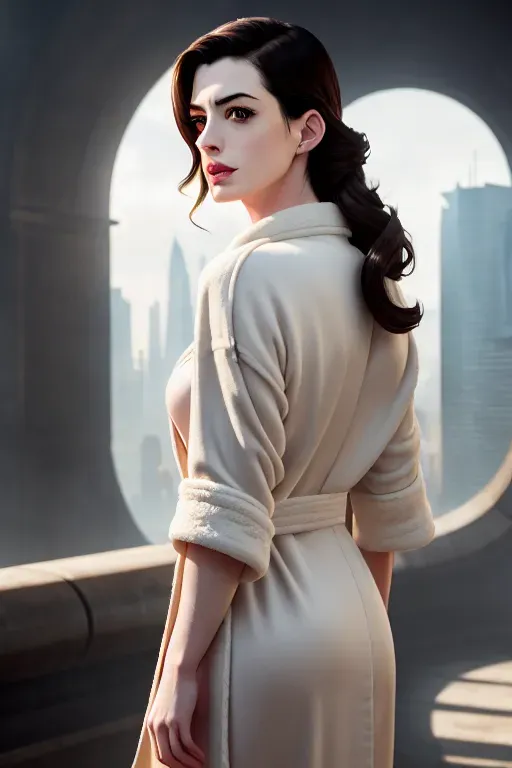 a photograph of,anne hathaway,wearing bathrobe,arched back p... - AI ...