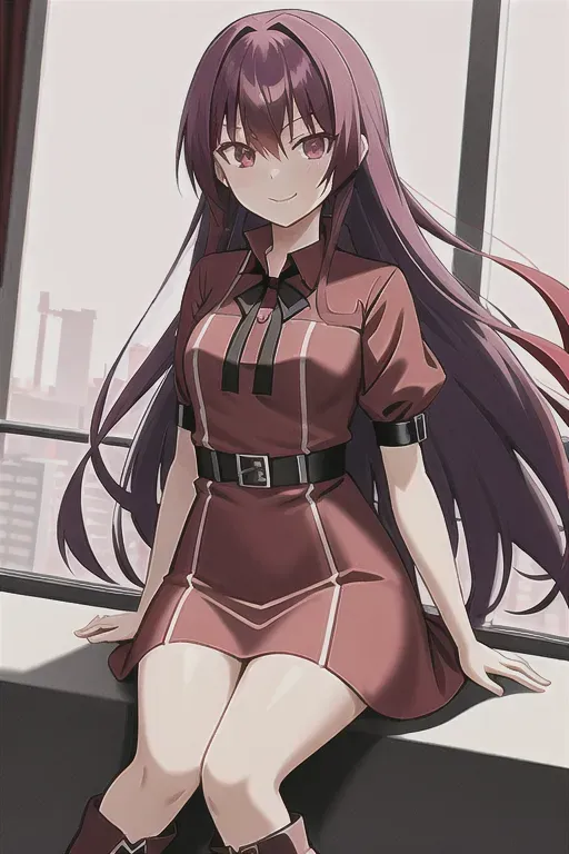 Dopamine Girl - photograph, purple eye, red dress, desaturated red hair ...