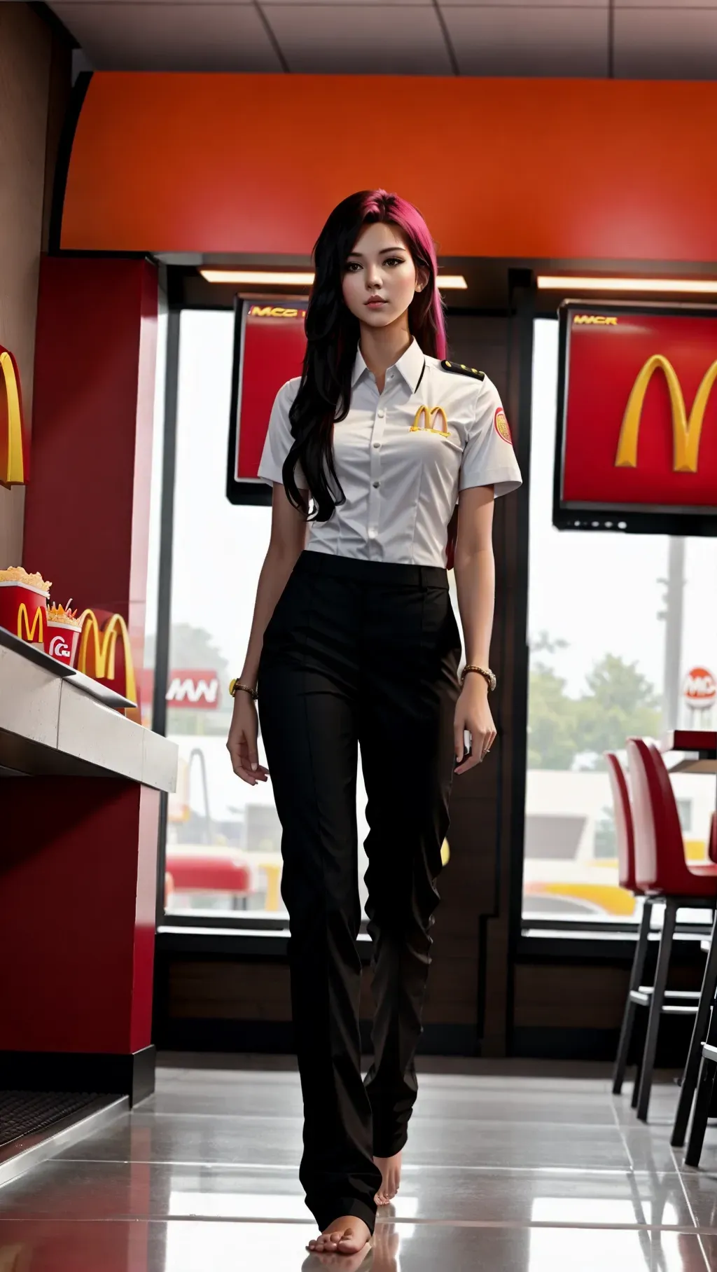 Dopamine Girl Full Body Image Gorgeous Short Slender Barefoot Punk Female Mcdonalds Manager