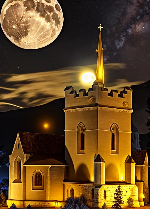 Dopamine Girl - A romanesque White church at night with a highly ...