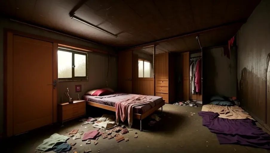 Creepy modern bedroom. Dark. Deep shadows. A dresser on the... - AI Art ...