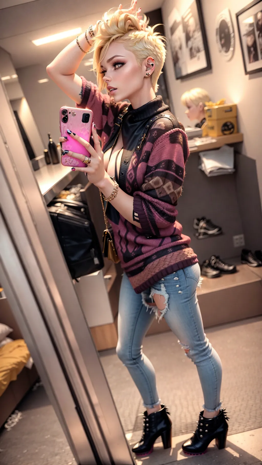 Dopamine Girl - Side view of punk girl with short blonde hair, sweater ...