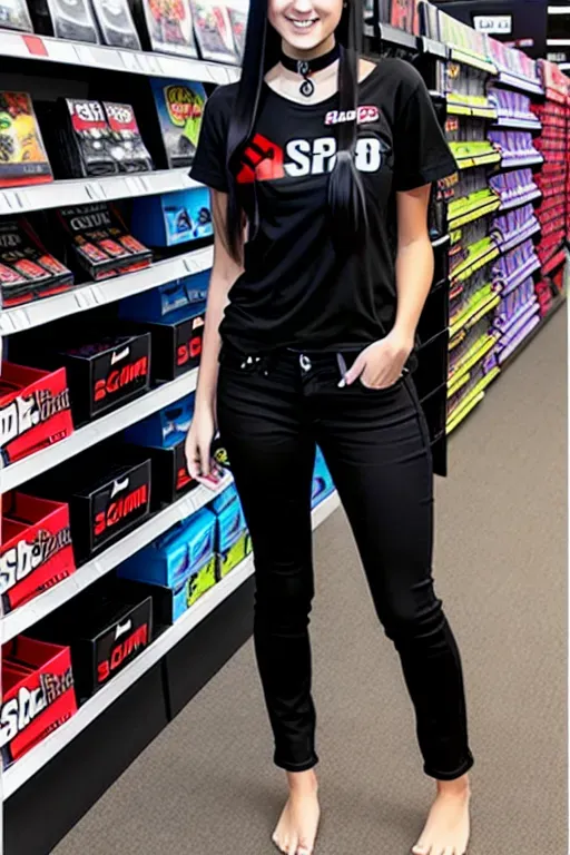 cute barefoot thin Caucasian punk female gamestop employee w... - AI ...