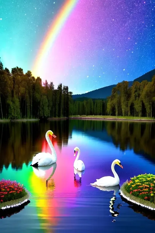 Dopamine Girl - rainbow swans in lake in front of neon rainbow castle 4Nx6KjM3V6a
