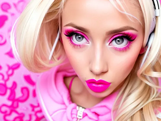 Dopamine Girl Bimbo Caucasian Blonde Hair Pink Headphones Head