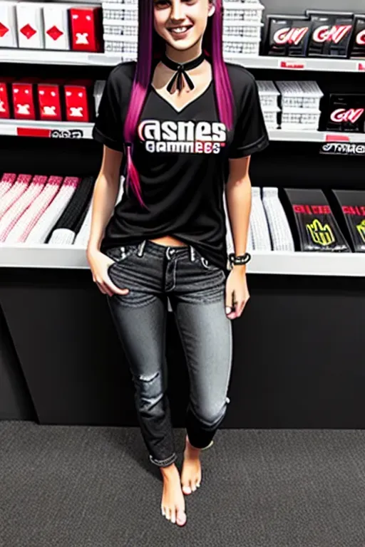 cute topless barefoot thin Caucasian punk female gamestop em... - AI ...