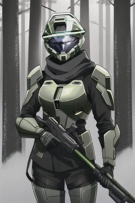 Dopamine Girl Halo Spartan Female Helmet On Long Gray Scarf Anime Male 8k Wallpaper