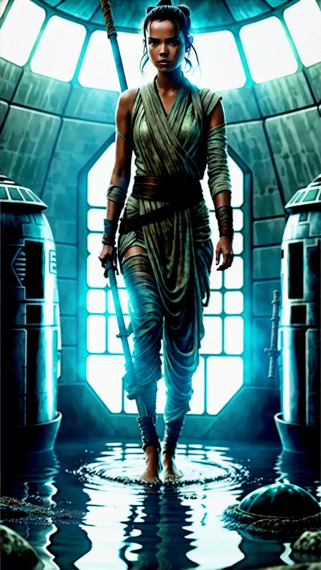 barefoot Rey holding a battlestaff while inside the flooded ... - AI ...